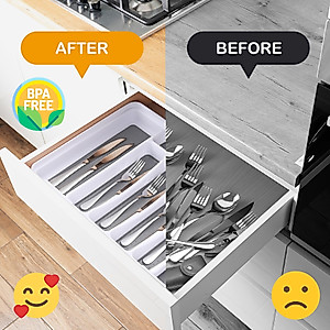 CiWiVOKi Utensil Drawer Organizer, Expandable Silverware Organizer for Kitchen Drawer, Large Cutlery Tray Flatware Holder, Plastic Kitchen Storage for Spoons Knives Forks, 7-Slots, White/Grey