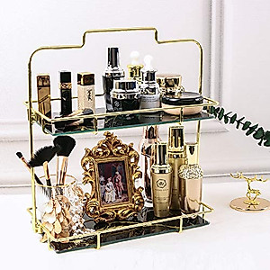 Simmer Stone Makeup Organizer Shelf, 2 Tier Cosmetic Storage Basket with Removable Glass Tray, Wire Vanity Organizer Rack for Dresser, Countertop, Bathroom and More, Gold