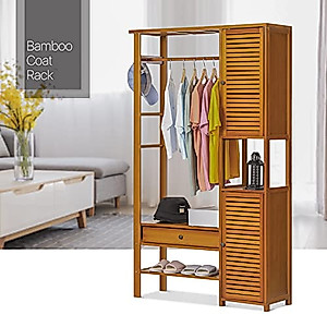 MoNiBloom Closet Organizer with Two Shutter Doors and 1 Drawer, Bamboo Freestanding Clothes Garment Rack with a Hanging Rob, 2 Storage Shelves, 2 Hooks and Pants Rack, Brown
