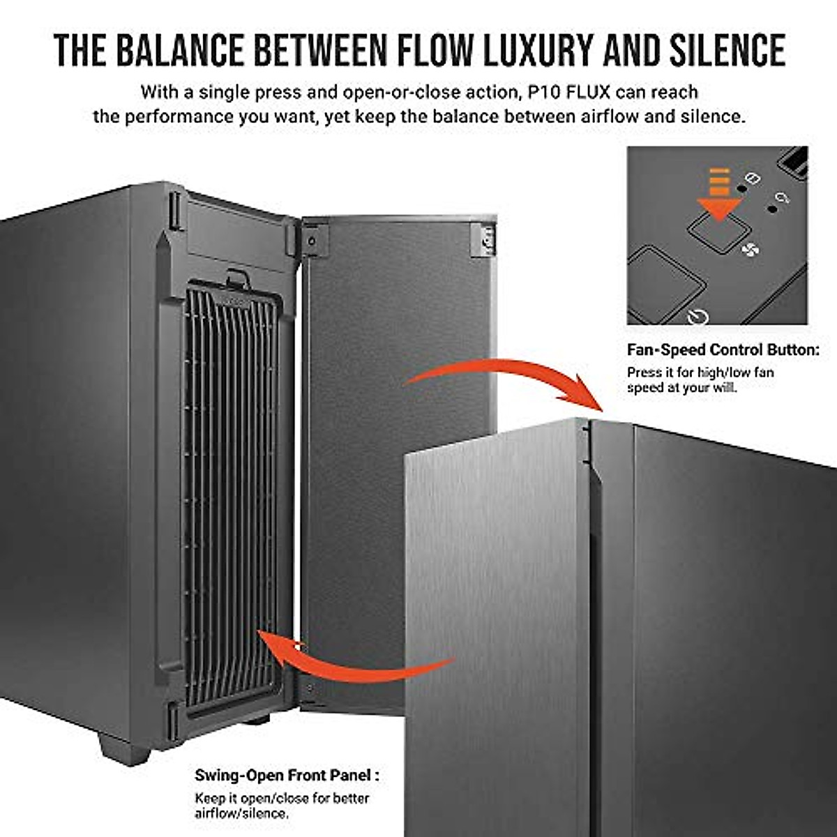 Antec P10 FLUX, F-LUX Platform, 5 x 120mm Fans Included, Reversible & Swing-Open Front Panel, Air-Concentrating Filter, 5.25" ODD, Fan-Speed Control, Sound-Dampening Side Panels, Mid-Tower Silent Case
