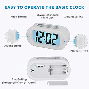 Plumeet Digital Alarm Clock Travel Clock with Snooze and Nightlight - Easy to Set Simple Bedside Alarm Clocks for Kids - Ascending Sound - Battery Powered (White)