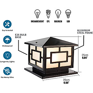 PTOUG Outdoor Column Lights, Pillar Lights Fixture E26 Aluminum Exterior Column Lamp Waterproof Glass Post Lights Modern Square Pillar Lamp for House Garden Backyard