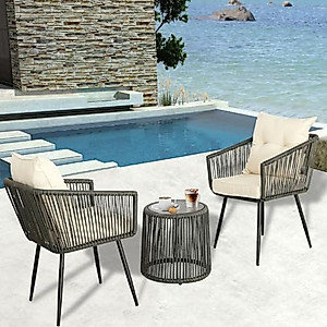 Furnivilla 3 Piece Patio Set Patio Furniture Wicker Patio Chairs and Tempered Glass Table for Balcony Backyard Garden(Beige)