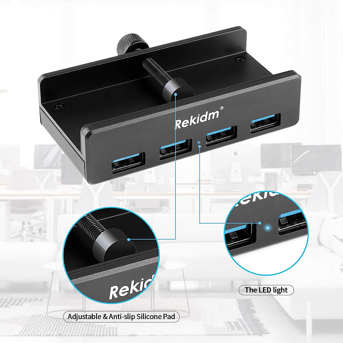 USB Hub 3.0 - Rekidm 4 Port Aluminum USB 3.0 Hub Clamp Design for Desktop, Computer, PC, Table Edge with Durable Adjustable Clip, Compact Space-Saving Mountable Desk USB Hub Fast Speed Transfer