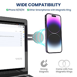 HAMOPY Laptop Phone Holder, Flippable Laptop Phone Mount, Slim Magnetic Monitor Side Mount Laptop Extension Bracket, Adjustable Angle Magsafe Phone Holder for iPhone 14 /13/12 Series and Others