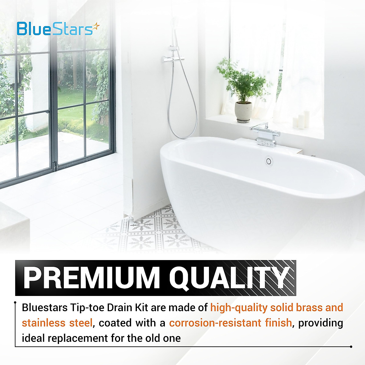 BlueStars Tip-Toe Tub Trim Kit Set with Two-Hole Overflow Faceplate - US Standard Size Fits 1.40"-1.50" Holes - Complete Kit with Fine/Coarse Thread - Universal Bathtub Conversion Kit - Chrome Plated