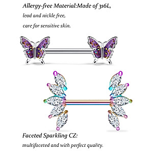 Vsnnsns 14G Nipple Rings for Women Stainless Steel Butterfly Nipple Rings Flower Nipple Piercing Jewelry CZ Nipple Rings Surgical Steel Nipple Jewelry Barbell Body Piercing Jewelry Rainbow