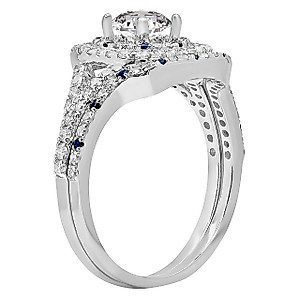 Dazzlingrock Collection 6.5 mm Center Round Moissanite, Blue Sapphire & White Diamond Bridal Split Shank Engagement Ring Set, 14K White Gold, Size 8