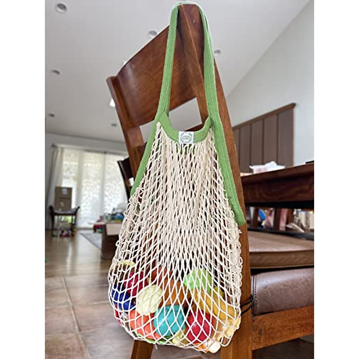 Green Handle US - Mesh Net Bag with Long Shoulder Handle Bag Stretchable Reusable for Grocery Shopping Beach Toys Storage (Green Handle)