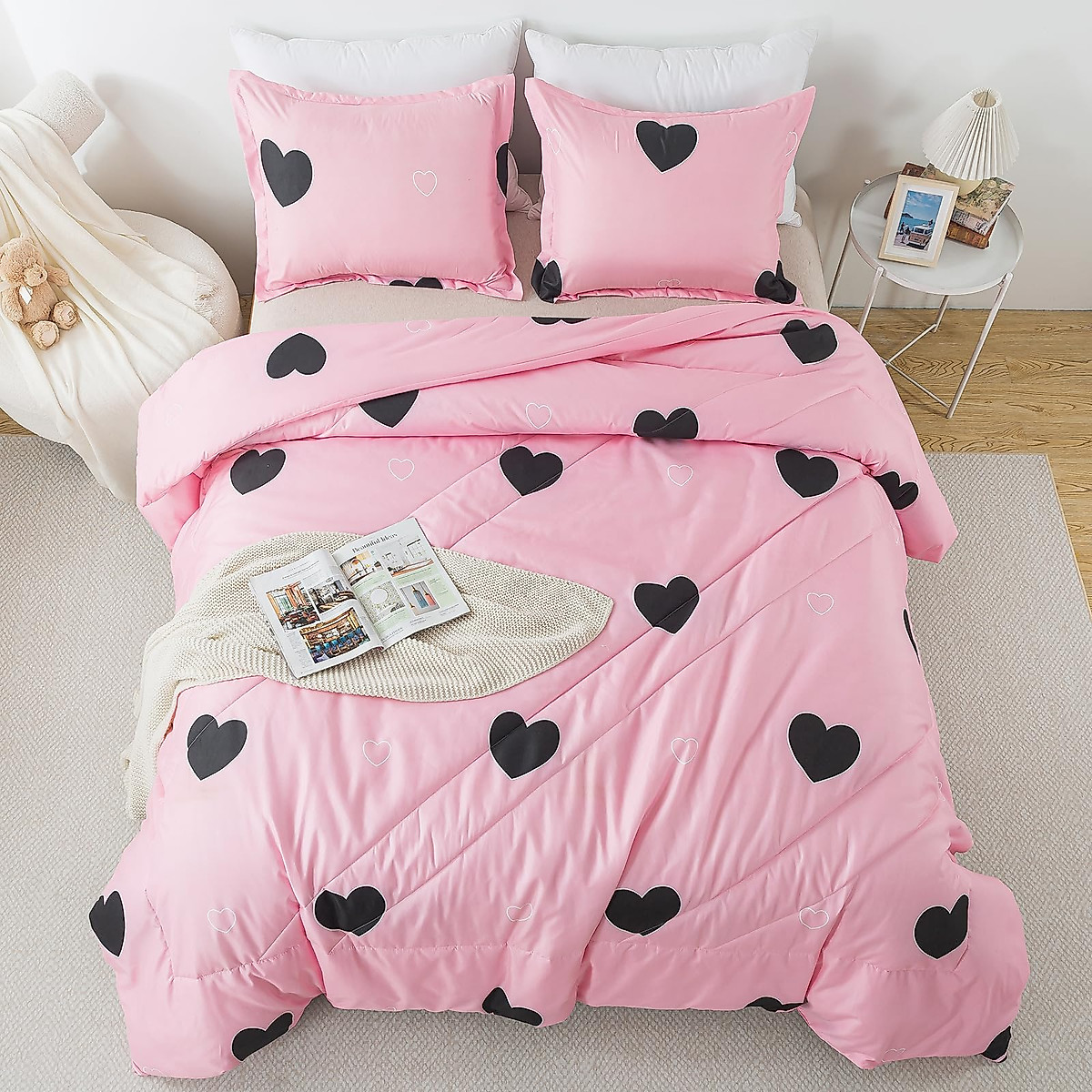 Caressma Blush Pink Love Comforter Set King Size, Cute Heart Pattern Bedding Comforter for Girls Women, 3 Pieces Soft Microfiber Fluffy Lovely Comforter Set for All Seasons Room Decor