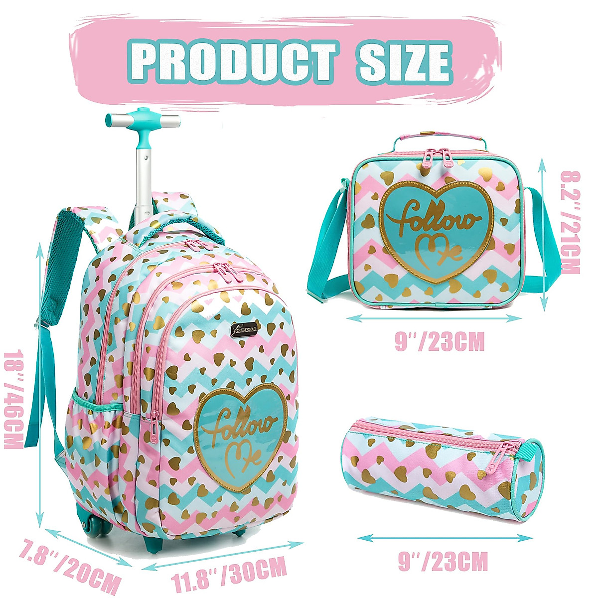 Oruiji Rolling Backpack for Girls Backpack with Wheels for Elementary Primary School Student Rolling Backpack with Lunch Bag Set