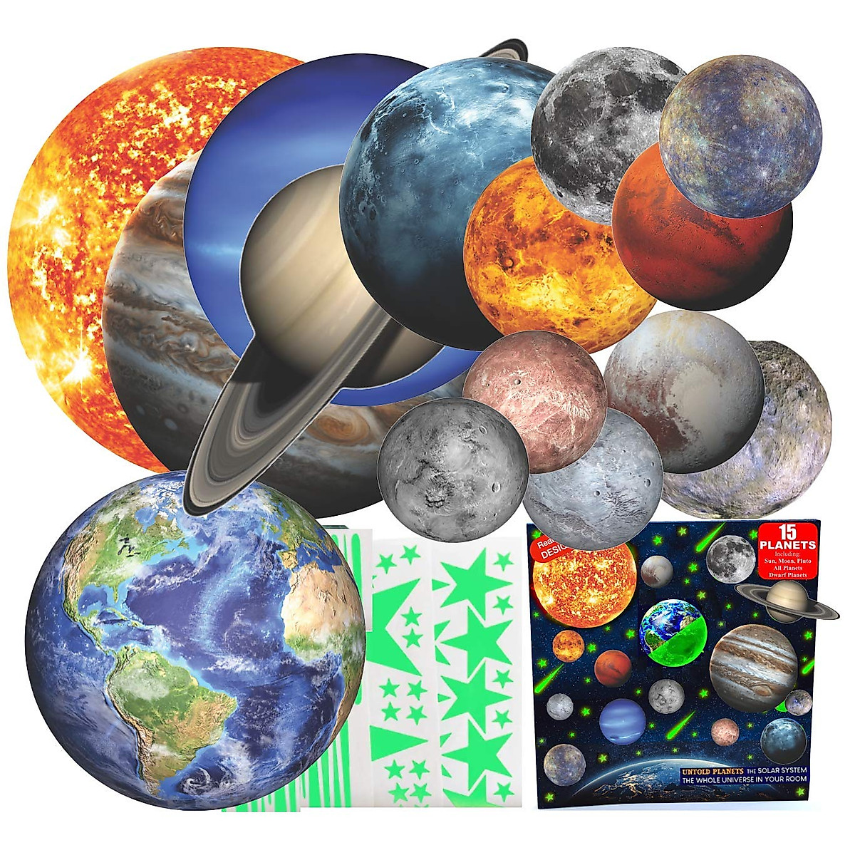 UNTOLD PLANETS 185+ PCS Glow in The Dark Stars and Planets 3D Realistic Ceiling Solar System for Kids Wall Stickers, All Glowing Planets Dwarf Pluto Moon Sun Galaxy Decor, Christmas Gift