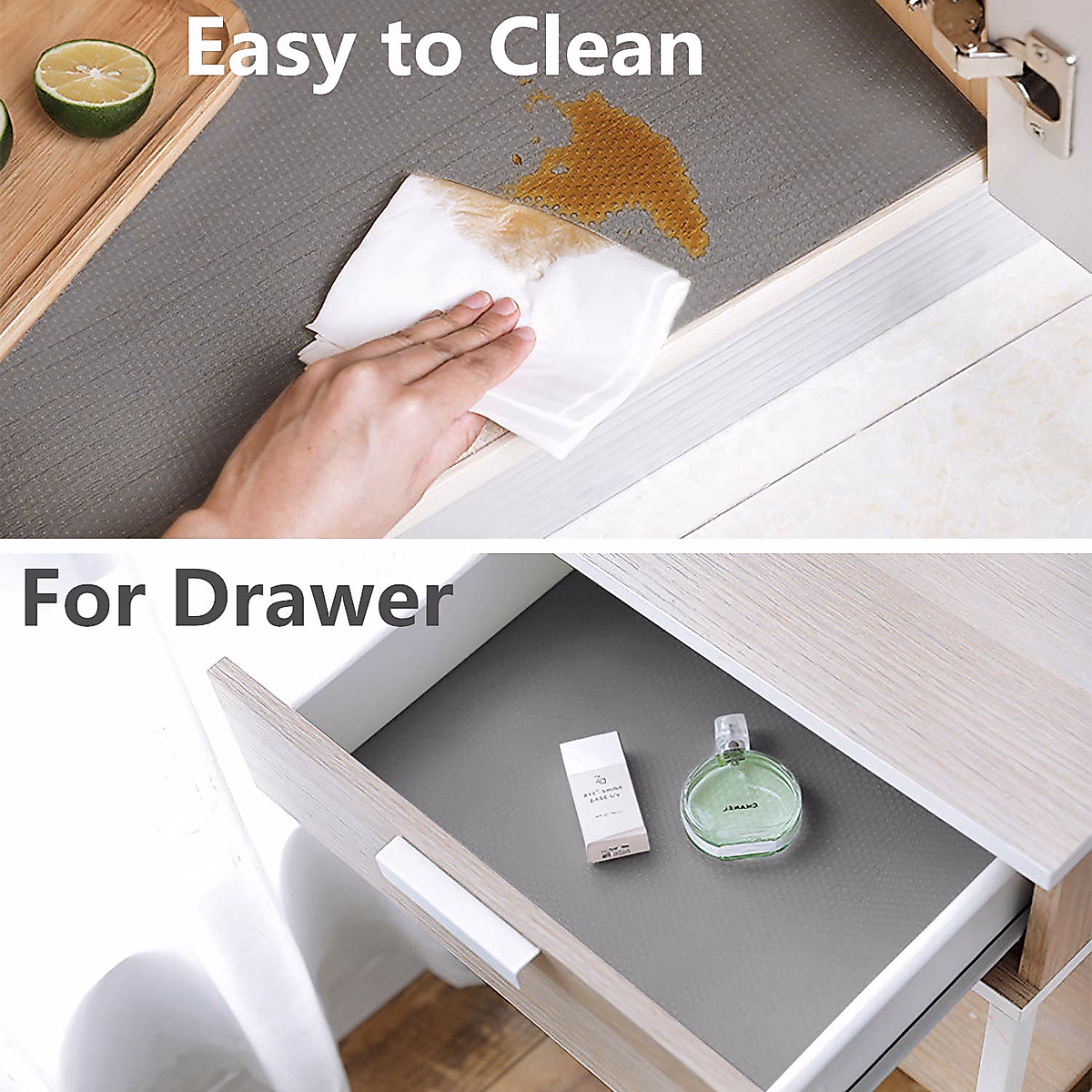 3 Rolls EVA cabinet liner, Non-slip Shelf Liners for kitchen Cabinets, Waterproof Cupboard Drawer Cushion Mats, DIY Multipurpose Antifouling Pads,17.7"x59"-Transparent