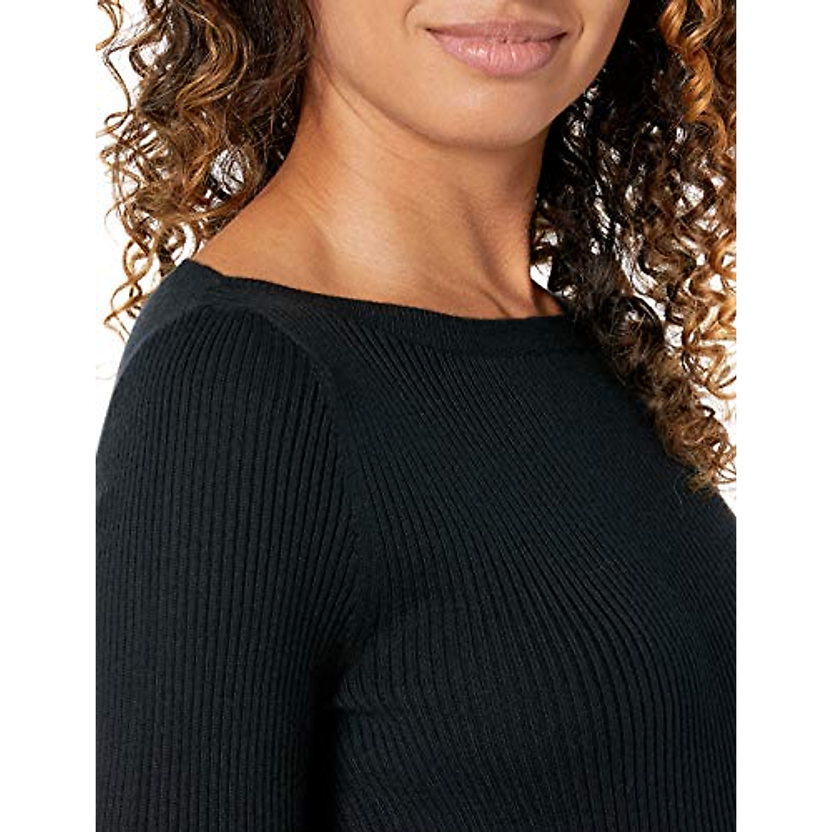 Amazon Essentials Women's Lightweight Ribbed Long-Sleeve Boat Neck Slim-Fit Sweater, Black, Medium