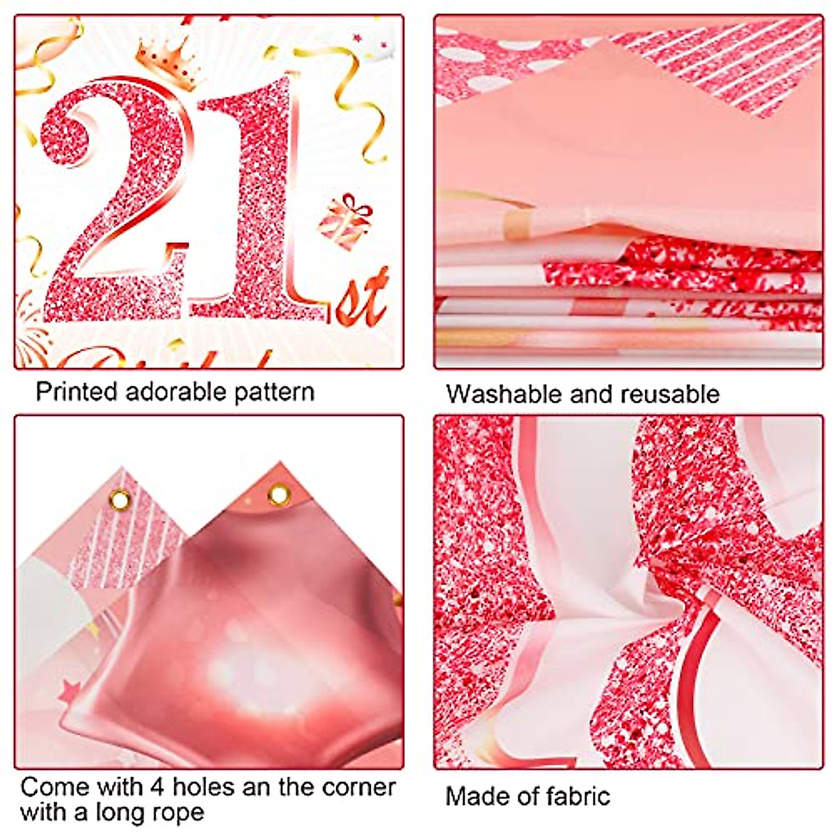 DPKOW Rose Gold 21st Birthday Party Decoration for Woman, Rose Gold 21st Birthday Banner for Backdrop Door Decoration,21st Birthday Background Banner for Garden Wall Decoration, 185 x 90cm Fabric