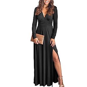 ANRABESS Women Deep V Neck Long Sleeve Slit 2024 Fall Elegant Formal Wedding Guest Cocktail Evening Date Prom Maxi Long Dress Black Large