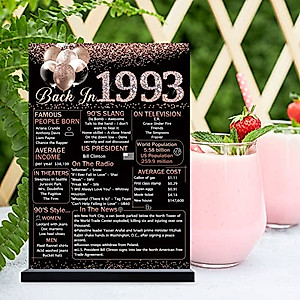 Vlipoeasn 30th Birthday Anniversary Table Decoration 1993 Poster for Women, Rose Gold Back in 1993 Acrylic Table Sign with Wooden Stand, 30 Year Old Birthday Party Centerpieces Gift Supplies