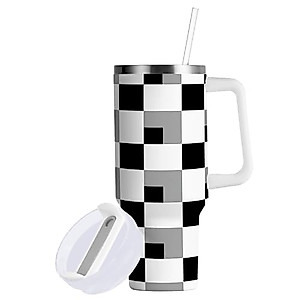 RPLIFE Black and White Checkerboard 40 Oz Tumbler with Handle, Stainless Water Bottle, Insulated Tumbler with Straw