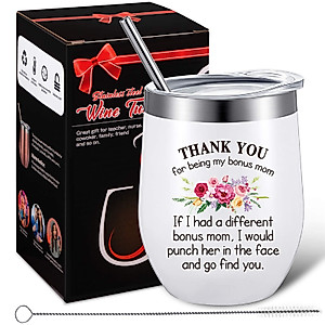Patelai Thank You For Being My Stepmother, Mom Gifts for Mommy Stepmom on Mother's Day Birthday Christmas, 12 oz Stainless Steel Coffee Mug with Lid Straw Brush Gift Box (White)
