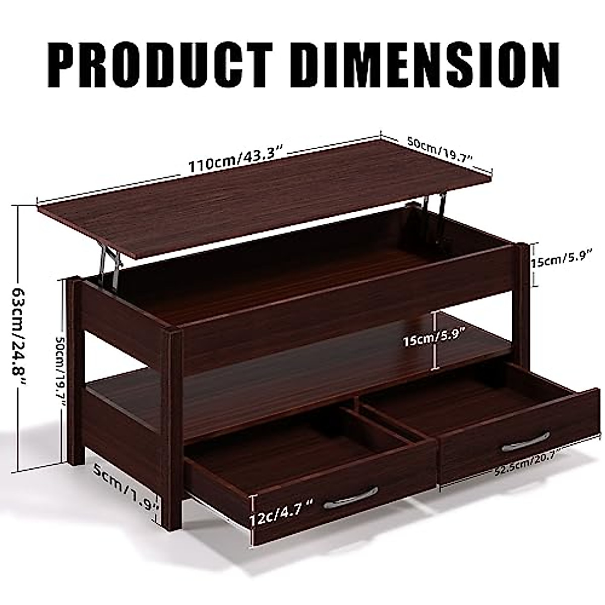 VEELOK Lift Top Coffee Table for Living Room with Hidden Storage Compartment 2 Drawers and Shelf Large Convertible Coffee Table, 43.3" Modern Wood Coffee Table, 445LBS Max Weight, Espresso