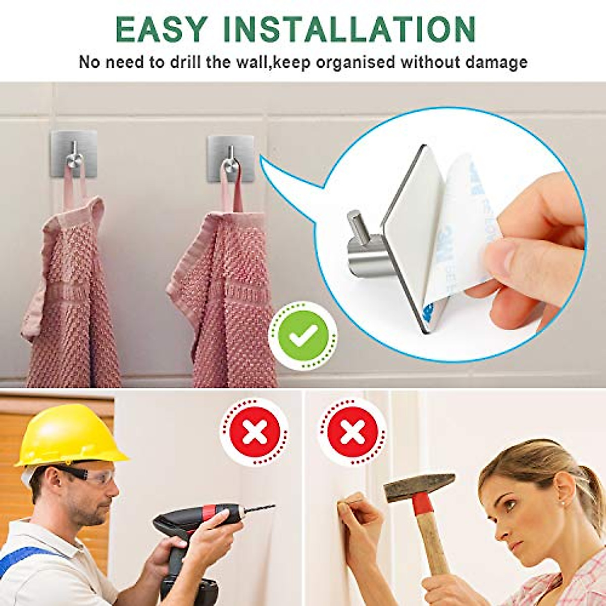 TBMax Adhesive Hooks Towel Hook - 4 Pack Heavy Duty Wall Hooks, Stainless Steel Hooks for Hanging Bathroom Robe/Coat/Kitchen Utensil/Bag