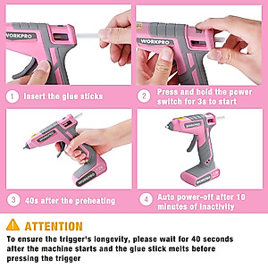 WORKPRO Pink Cordless Hot Melt Glue Gun, 7.2V Rechargeable Fast Preheating Glue Gun Kit with 20 Pc Premium Mini Glue Stick, Automatic-Power-Off Glue Gun for Art, Craft, Decoration - Pink Ribbon