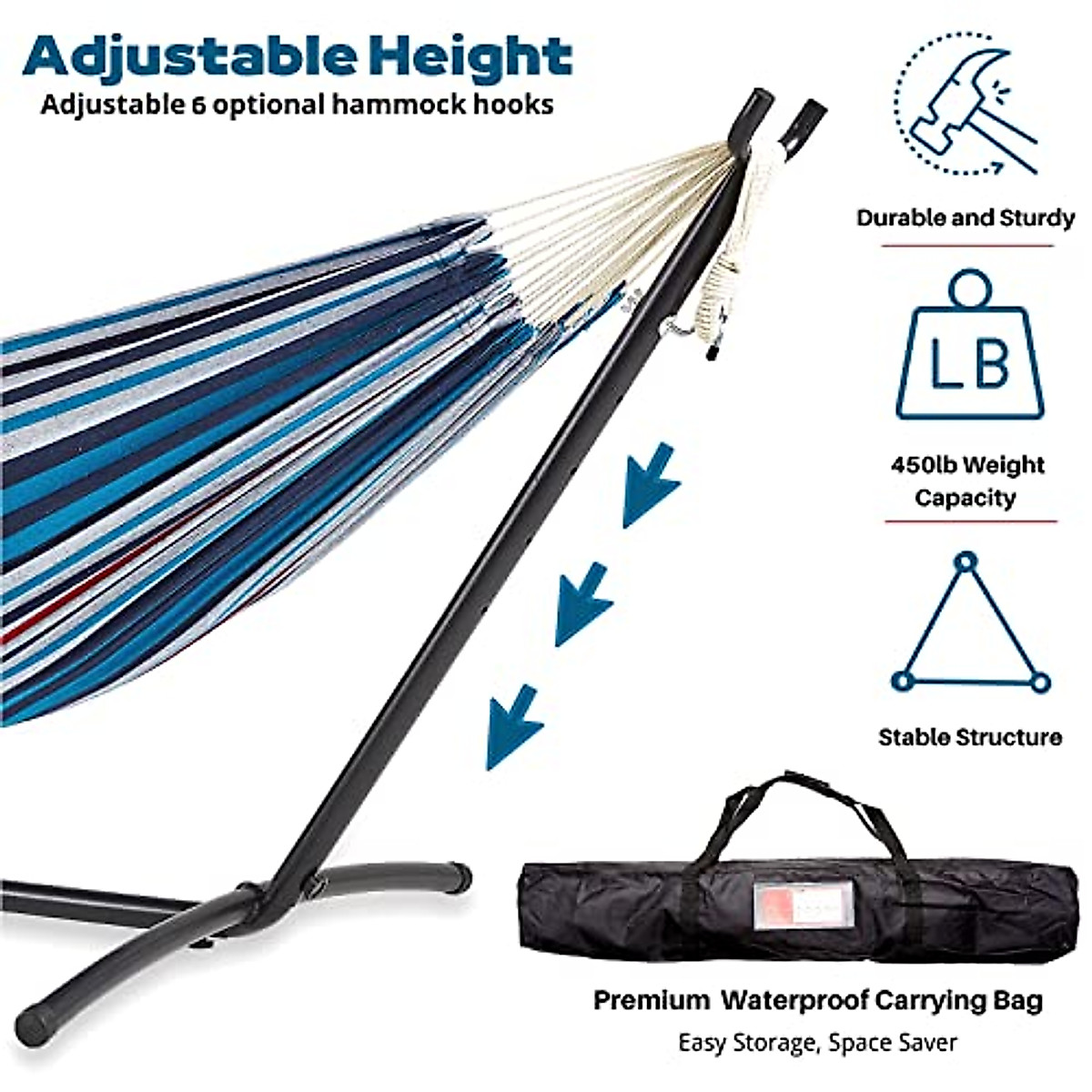 ACH Double Hammock with Stand Included 2 Person Heavy Duty Strong Portable Hammocks Indoor and Outdoor with Pillow-Carrying Bag for Outside Patio Backyard Lawn-450lb Capacity