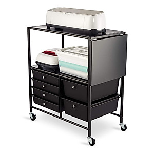 Simply Tidy Essex Black Drawers & Rolling Cart with Tray and Extendable Table Multi-Functional Storage Cart for Art & Craft Supplies - 1 Pack