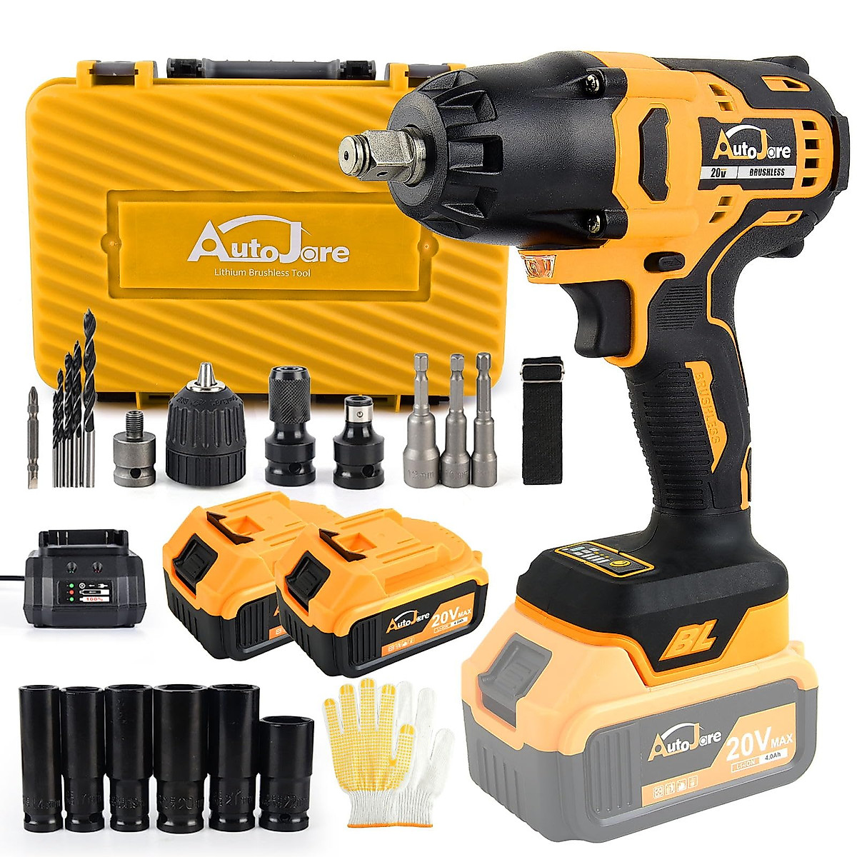 AUTOJARE Cordless Impact Wrench 1/2 inch 479 Ft-Lbs(650 N.m) Brushless Power Impact Wrenches 3 In 1 Electric Impact Wrench With 2 x 4.0A Battery, 6 Sockets, 5 Drill, 3 Screw, Fast Charger