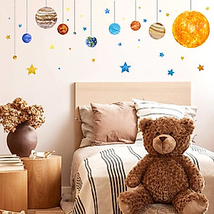 Planets and Space Wall Decals, Removable Solar System Wall Stickers, Cartoon Stars Wall Décor, Peel and Stick Universe DIY Art Murals Vinyl Wallpaper for Kids Boys Bedroom Nursery Decoration