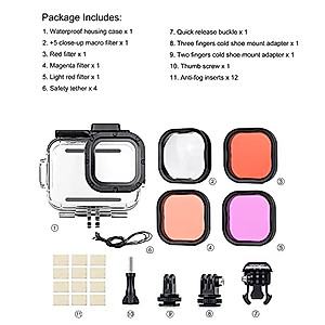 SOONSUN Waterproof Case for GoPro Hero 11 / 10 / 9 Black with 4-Pack Diving Filter - 60M Underwater Protective Housing Case for GoPro HERO11 10 9 Black with Red, Light Red, Magenta, 5X Macro Filters