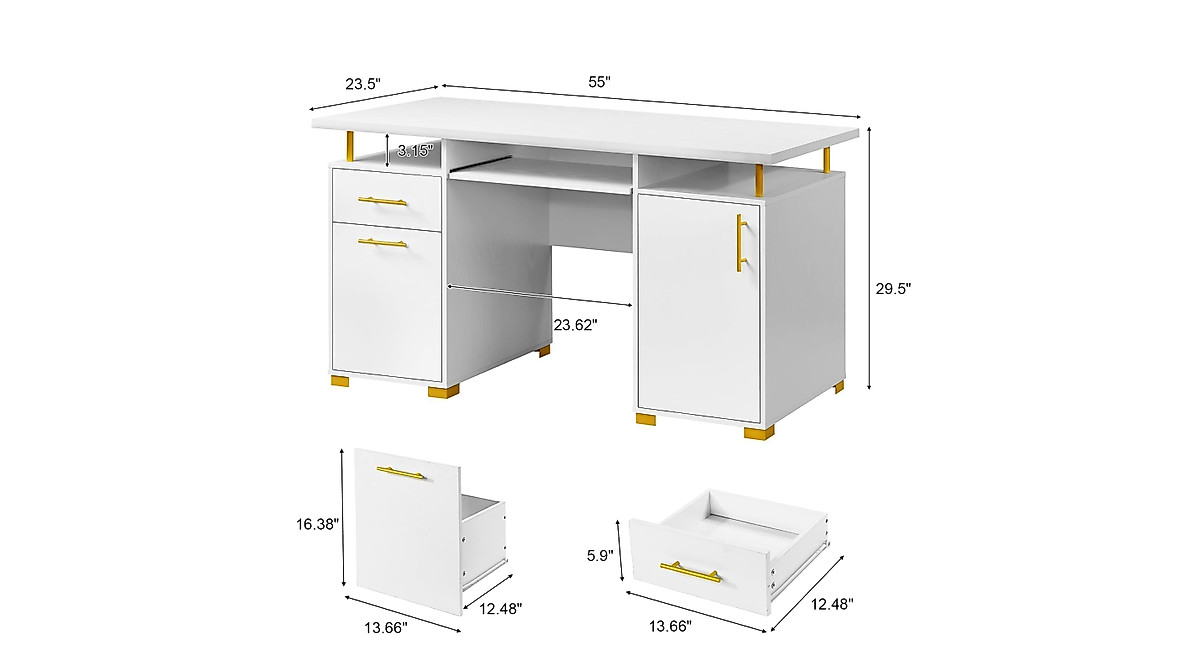 MaverickFurni White and Gold Executive Desk - Elegant 55 Inch Office Desk