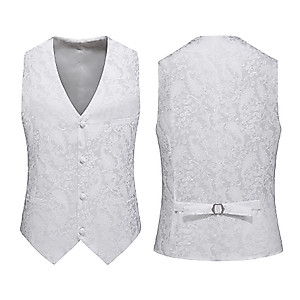 MOGU Mens 3 Piece Tuxedo Slim Fit Jacquard Floral Vintage Groomsmen Wedding Prom Suit Blazre 34 / Pants 31 White