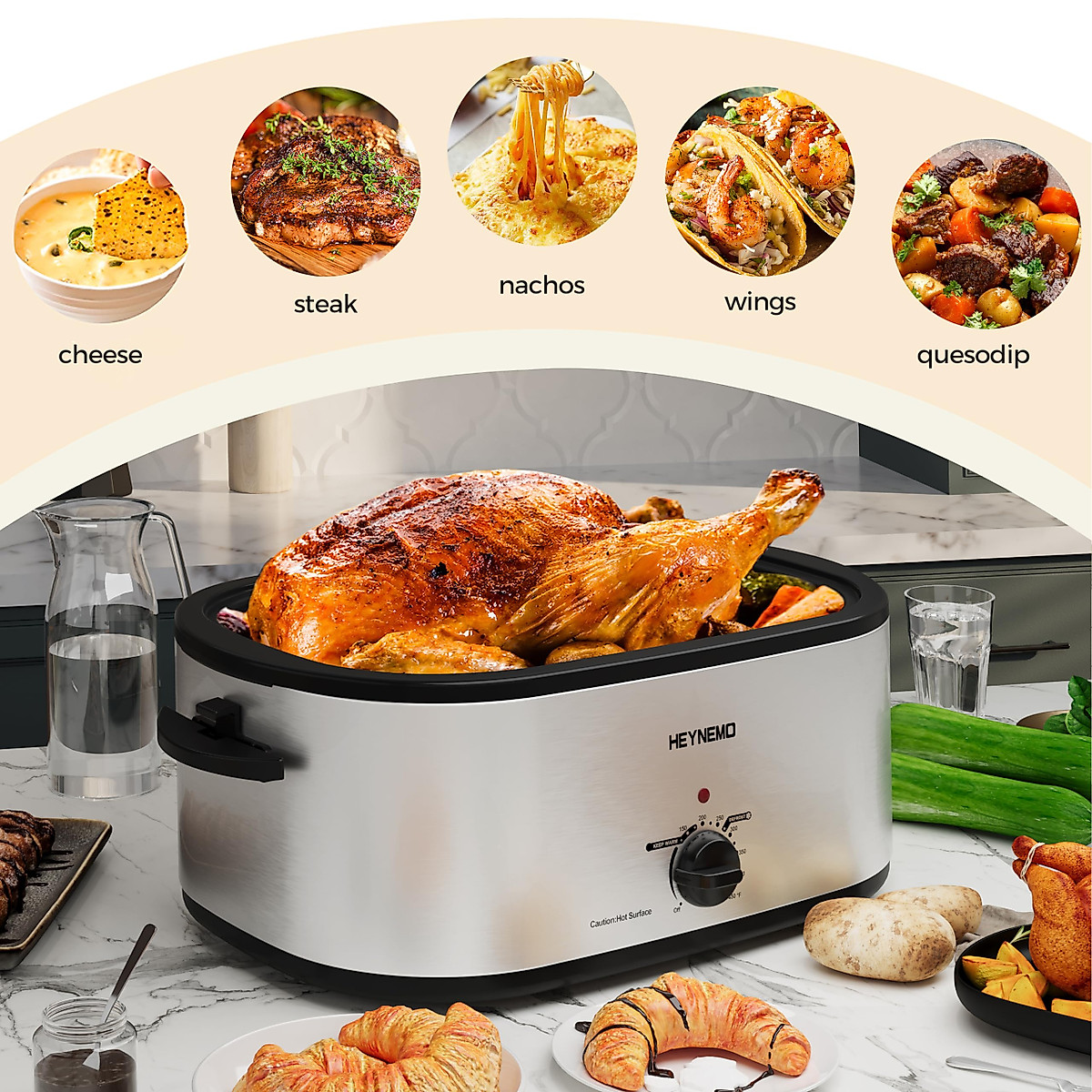 Roaster Oven 28 Quart, Electric Roaster Pan with Visible & Self-Basting Lid, Large Stainless Steel Electric Turkey Roaster Oven Defrost Warm Function, Removable Pan Rack, Fits Turkeys Up to 30LB