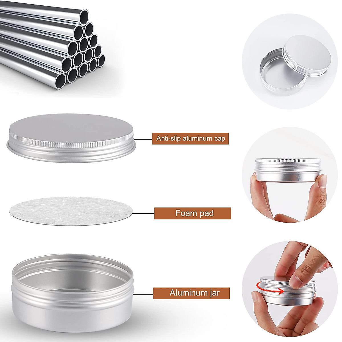 OBKJJ 60 Pack Round Cans with Screw Lid 4 Oz Aluminum Metal Tins DIY Food Candle Containers for Lotion Bars, Balms, Salve, Spices, Beard Balm, Crafts with 4 Markers 2 Sheets Label Stickers