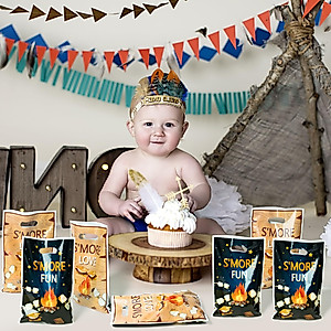 ArowlWesh S’more Camping Party Favor Bags - 50Pcs Plastic S’more Love Candy Treat Gift Bag with Handles Fun Snack Goodie Bags Campfire Camping Party S’more Birthday Supplies Baby Shower Wedding Decor