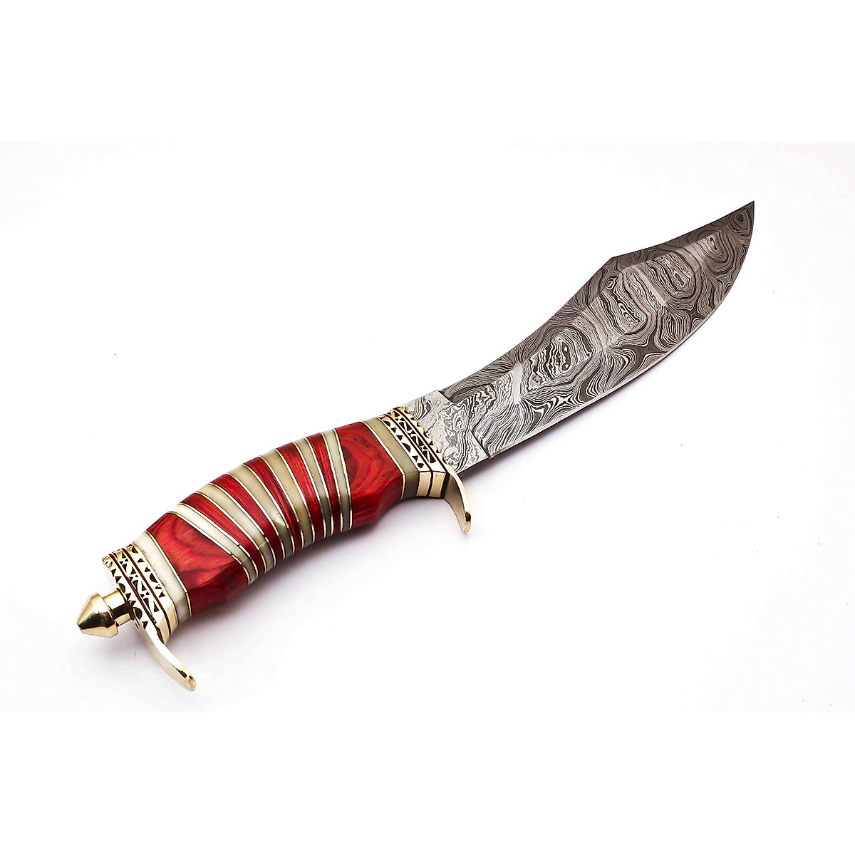 Skokie Knives Custom Hand Made Damascus Steel Hunting Bowie Knife Handle Camel Bone (Red)