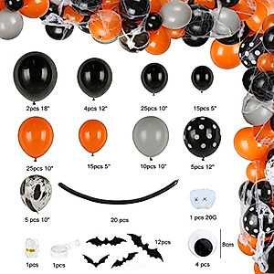Aboofx 145 Pack Halloween Balloon Garland Arch Kit include Black Agate Marble Balloons, Black Polka Dot Balloons, Spider web and 3D Bat for Halloween Decoration