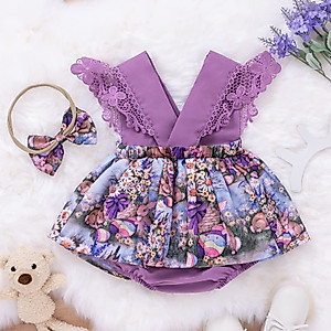 Newborn Infant Baby Girl Easter Outfit Toddler Lace Sleeveless V Neck Romper Bunny Print Dress+Headband Summer Clothes (Purple, 3-6 Months)