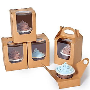 Shallive Cupcake Boxes 50pcs, Individual Cupcake Containers Brown with Window Insert and Handle, Pastry Box Single Muffins Holder Disposable for Bakery Wrapping Party Favor Packaging