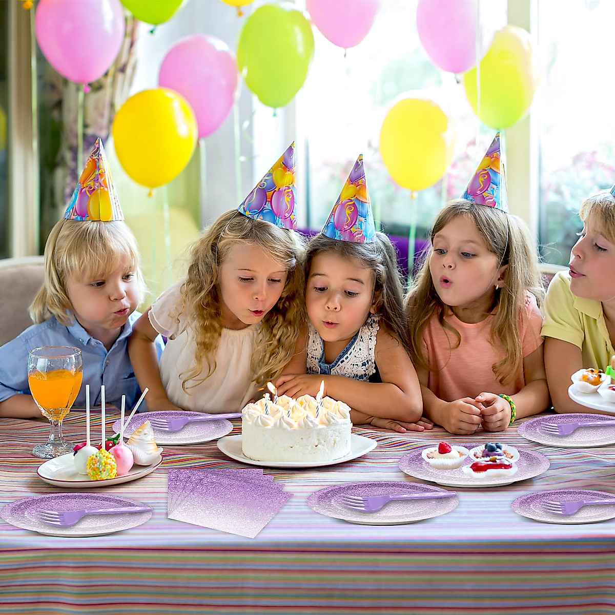 96 Pcs Ombre Purple Party Supplies Set for 24 Guests Gradient Pastel Purple Tableware Plates Dinnerware Table Decorations for Girl Woman Light Purple Sprinkle Wedding Birthday Anniversary Party Favors