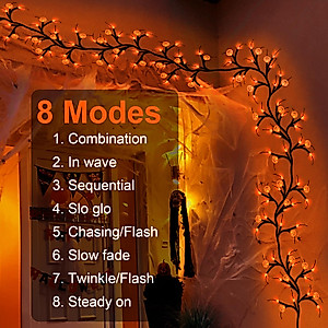 BOLWEO Halloween Willow Vine Twig Garland Lights, 6ft Pumpkin Lights Battery Operated with Timer 8 Modes Waterproof Halloween Decorations for Wall Window Door