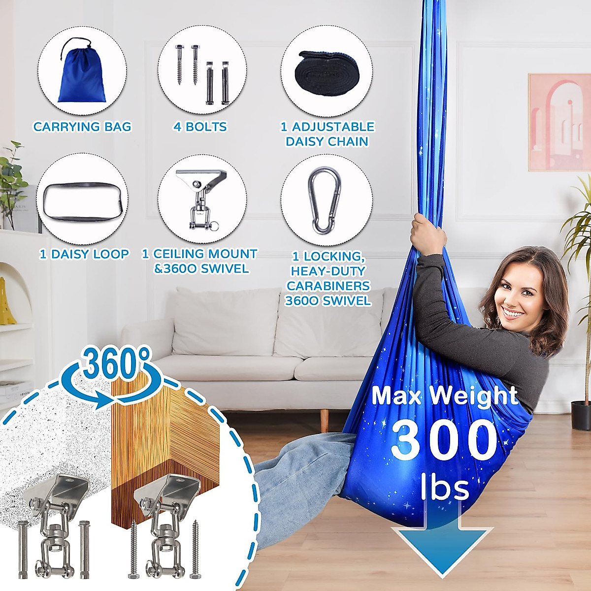 Sensory Swing for Kids Indoor & Outdoor Double Layer Therapy Cuddle Swing Hammock Chair with 360° Swivel Hanger Kit Adjustable Swing for Child and Adult with Aspergers Autism ADHD (Star Blue)