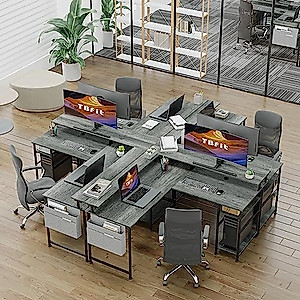 Tbfit L Shaped Desk, Reversible Corner Computer Desk with Power Outlet and LED Strip, Gaming Computer Desk with Monitor Stand and Storage Shelf, 2 Person Long Writing Study Table, Grey