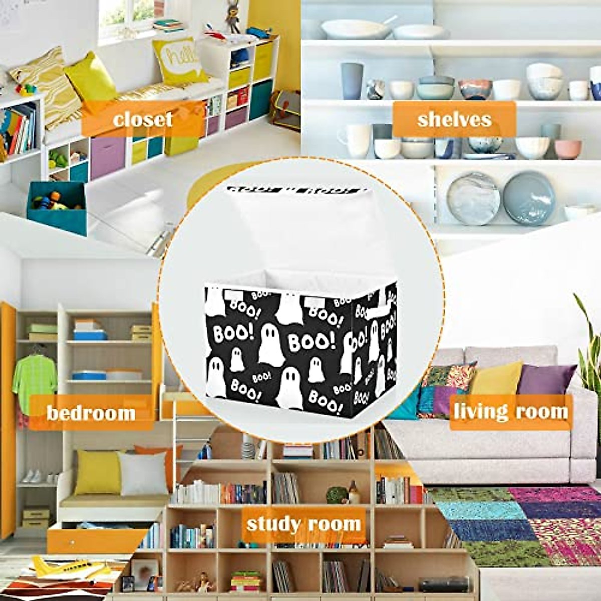 CaTaKu Halloween Ghosts Black Storage Bins with Lids and Handles, Fabric Large Storage Container Cube Basket with Lid Decorative Storage Boxes for Organizing Clothes