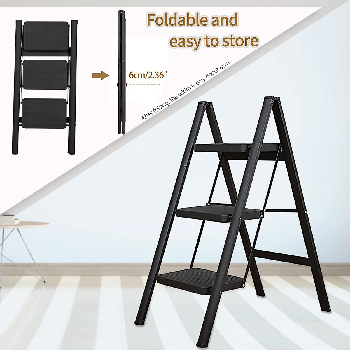 Hershii Portable 3 Step Ladder Folding Step Stool with Anti-Slip Sturdy and Wide Pedal Steel Metal Stepladder Home Storage Shelf Plant Stand Bookshelf for Kitchen, Garden, Office, Garage - Black