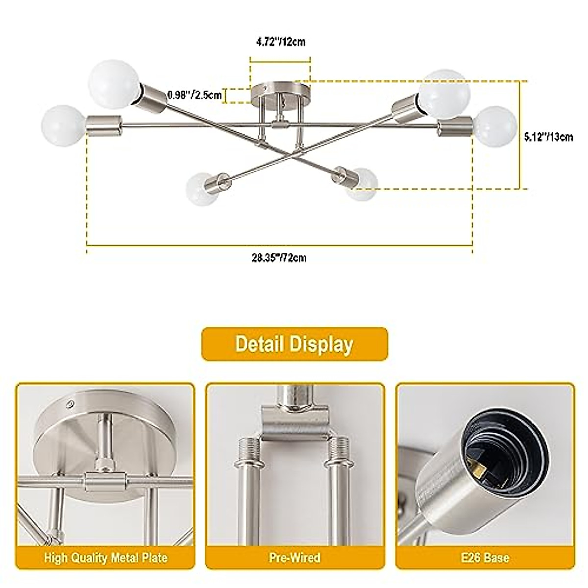 BrkNit 6-Light Modern Sputnik Chandeliers, Silver Mid Century Semi Flush Mount Ceiling Light Fixtures with E26 Base, Industrial Vintage Kitchen Farmhouse Light for Dining Room Bedroom Living Room