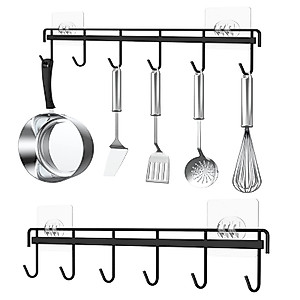 Myfolrena Kitchen Utensil Hanger Holder Adhesive Kitchen Hanger Rail 2-Pack, Hanging Rack Wall Mounted Rail for Spoons Coffee Mug Cups Tags(Black)