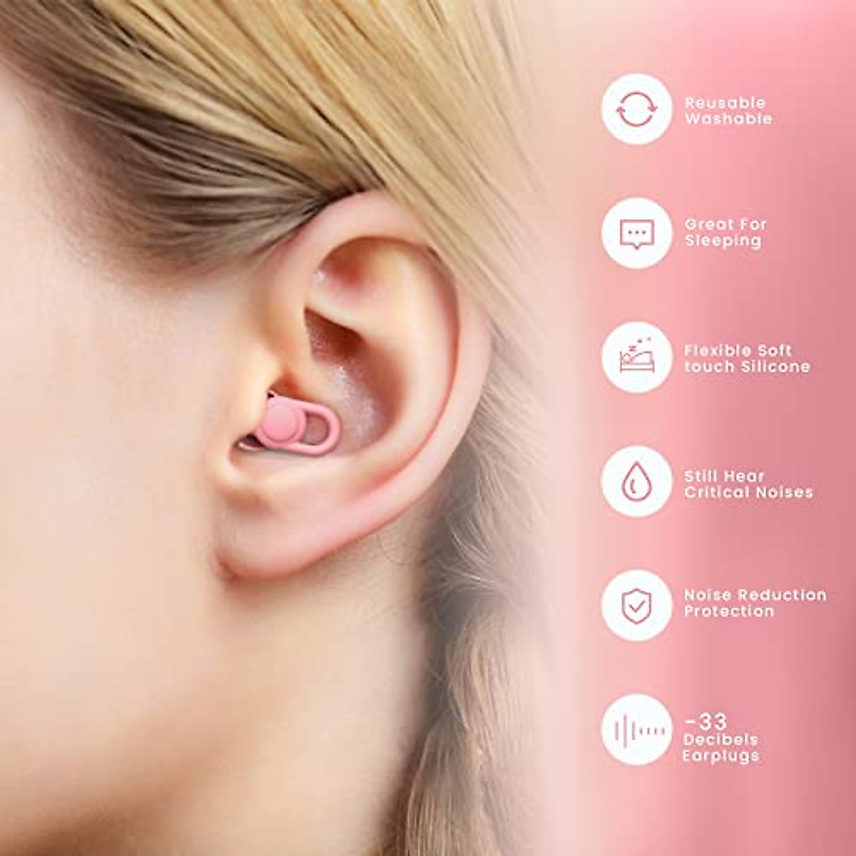 Silicone Reusable Soft Comfortable Earplugs for Noise Reduction, Sleeping,Noise Sensitivity & Flights -16 Ear Tips in XS/S/M/L, with 2 Travel Boxes - 33dB Noise Cancelling(Pink)