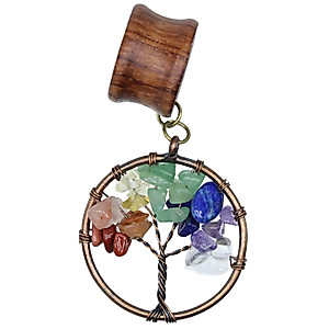 00G 10mm 7 Chakra Tree of Life Wood Dangle Ear Gauges Piercing Flesh Tunnels Plugs Stretching Kit Expander